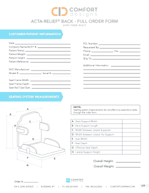 Fillable Online ACTA-RELIEF BACK - FULL ORDER FORM - Comfort Company ...