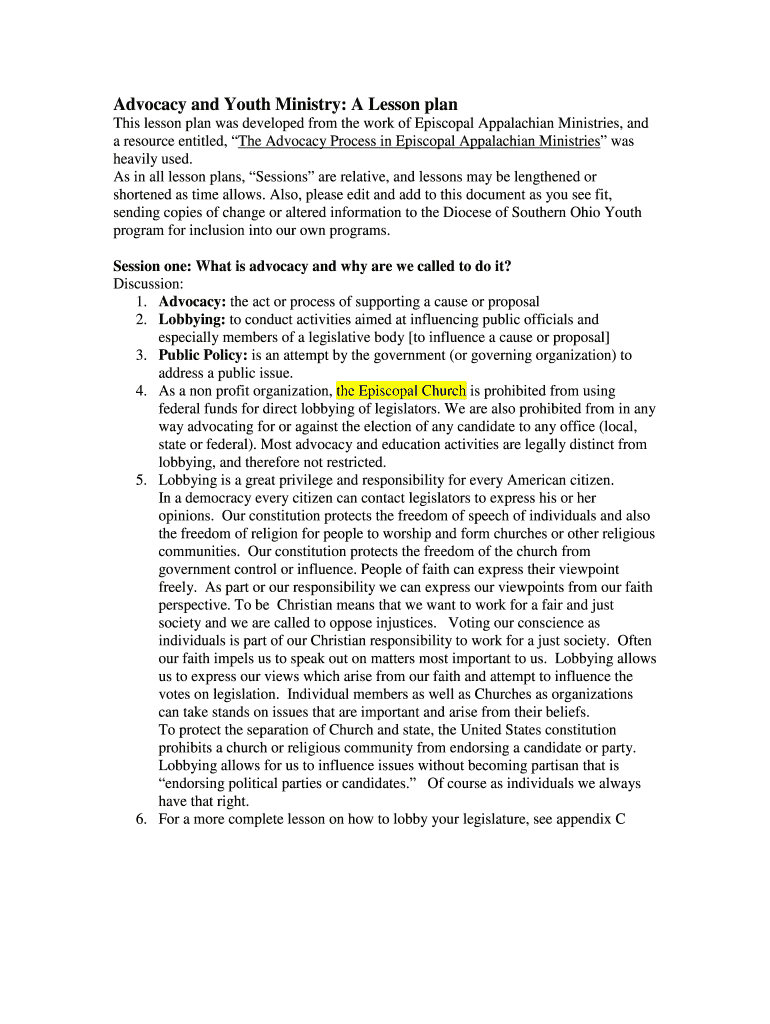 Fillable Online Advocacy and Youth Ministry: A Lesson plan Fax Email ...
