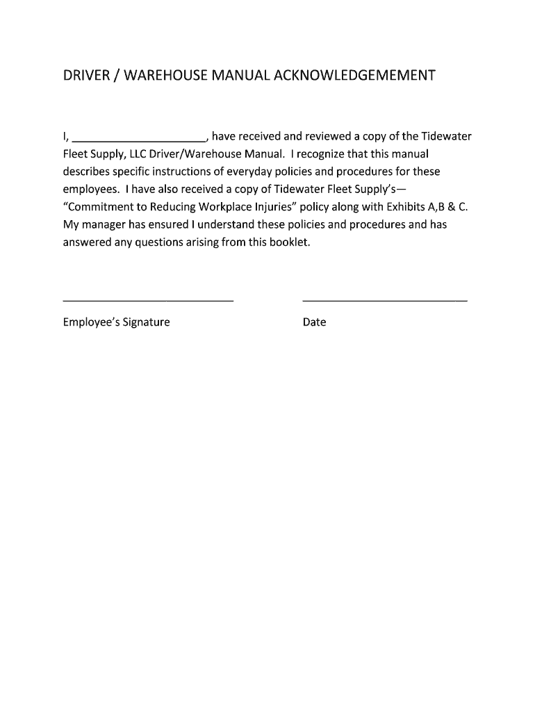 Fillable Online DRIVER WAREHOUSE MANUAL ACKNOWLEDGEMEMENT Fax Email ...