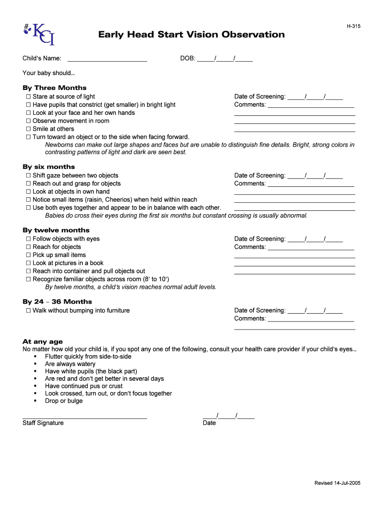 Fillable Online Early Head Start Vision Observation - Kids Central Inc ...