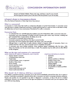 Fillable Online academyoftheholycross Concussion Information Acknowledge Sheet ...