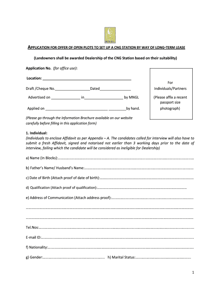 Fillable Online mngl APPLICATION FOR OFFER OF OPEN PLOTS TO SET UP A ...