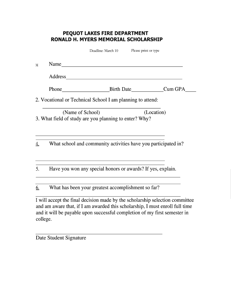 Fillable Online Application for pequot lakes fire department the ronald ...