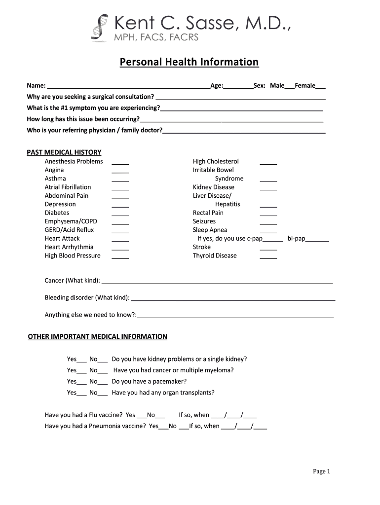 Fillable Online Personal Health Information - Sasse Surgical Associates ...