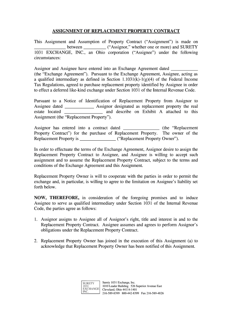 Fillable Online ASSIGNMENT OF REPLACEMENT bPROPERTY CONTRACTb This bb ...