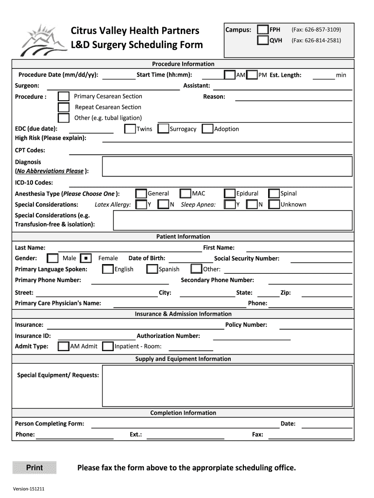 Fillable Online cvhp Citrus Valley Health Partners L&D Surgery ...