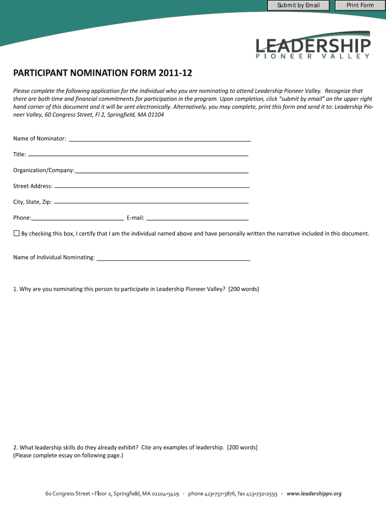 Fillable Online PARTICIPANT NOMINATION FORM 2011 12 Fax Email Print - pdfFiller