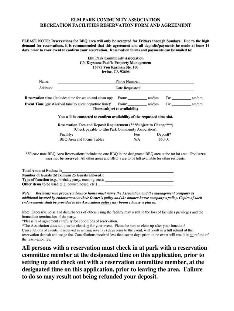 Fillable Online elmpark BBQ and Park Reservation Form Fax Email Print ...