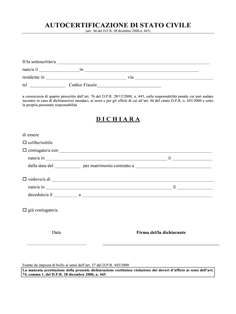 Fillable Online AUTOCERTIFICAZIONE DI STATO CIVILE - infospibsit Fax ...