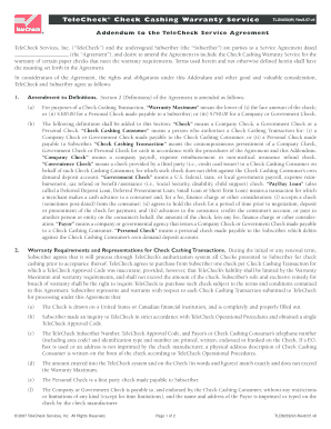 Fillable Online TeleCheck Check Cashing Warranty Service - Data Genesis ...