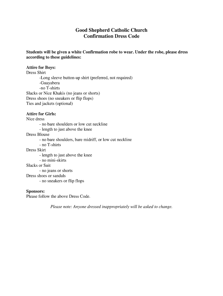 Fillable Online Confirmation Dress Code Fax Email Print - pdfFiller