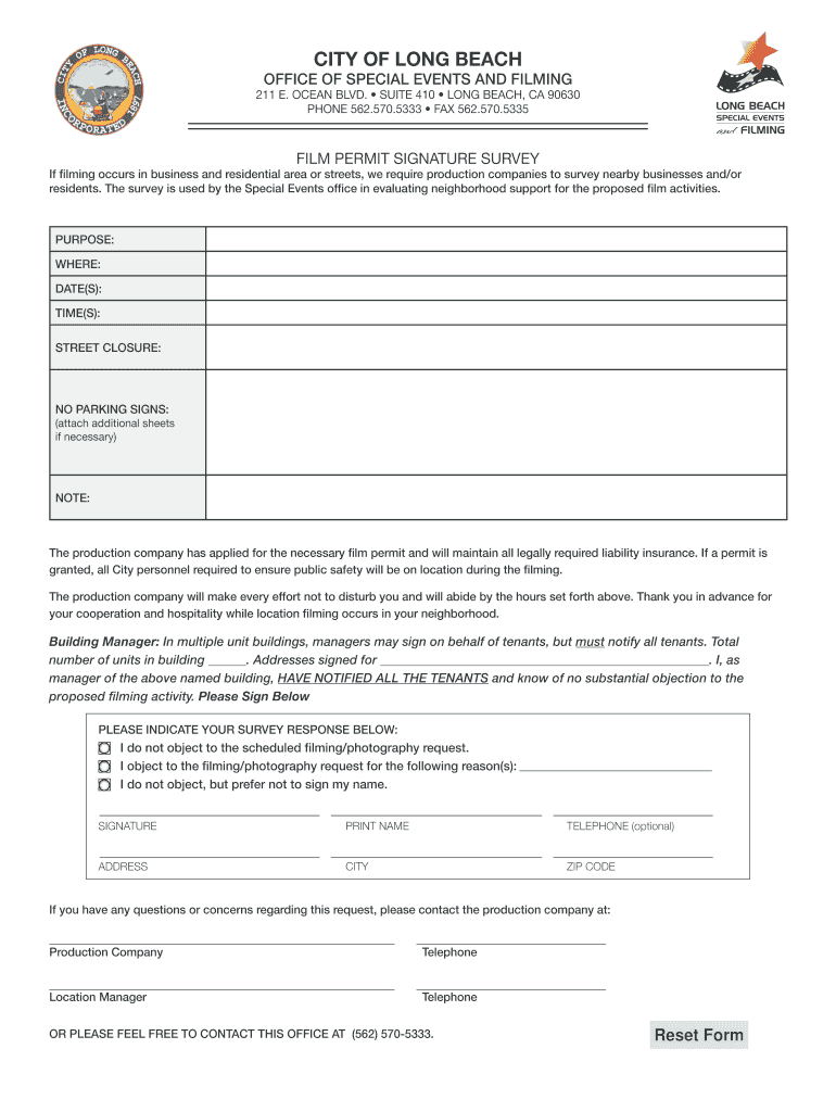 Fillable Online Film Permit Signature Survey - Long Beach Special ...
