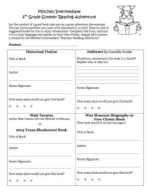 Fillable Online 6th Grade Summer Reading Adventure - Mitchell ...