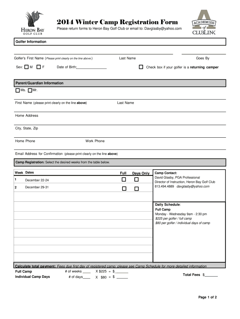 Fillable Online en clublink 2014 Winter Camp Registration Form ...