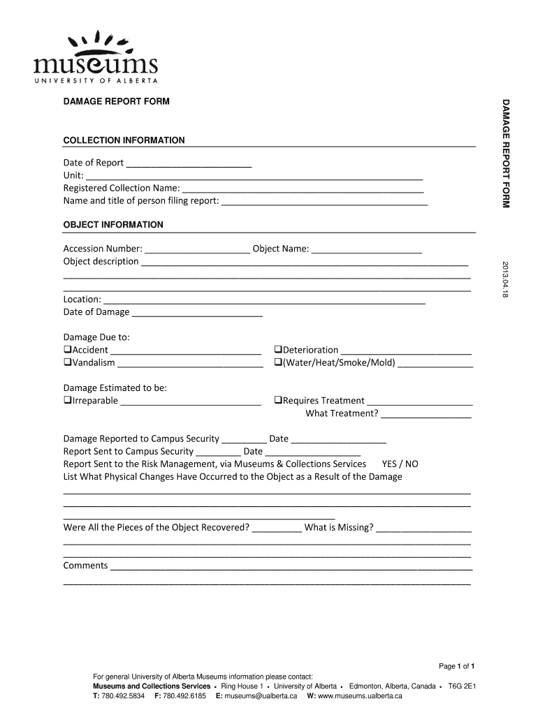 Fillable Online museums ualberta DAMAGE REPORT FORM RM OBJECT ...