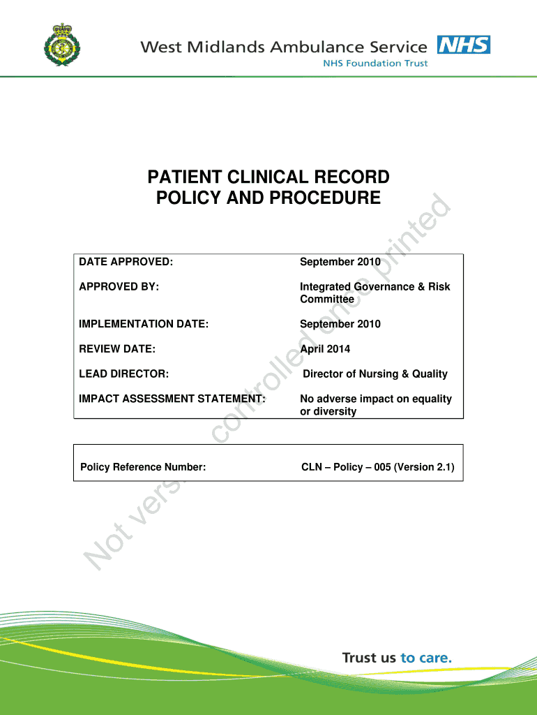 Fillable Online wmas nhs Bpatientb clinical record policy and procedure ...