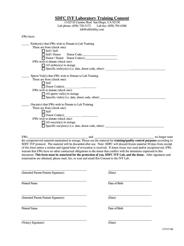 Fillable Online SDFC IVF Laboratory Training Consent - San Diego ...