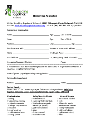 Fillable Online rebuildingtogetherrichmond Homeowner Application ...