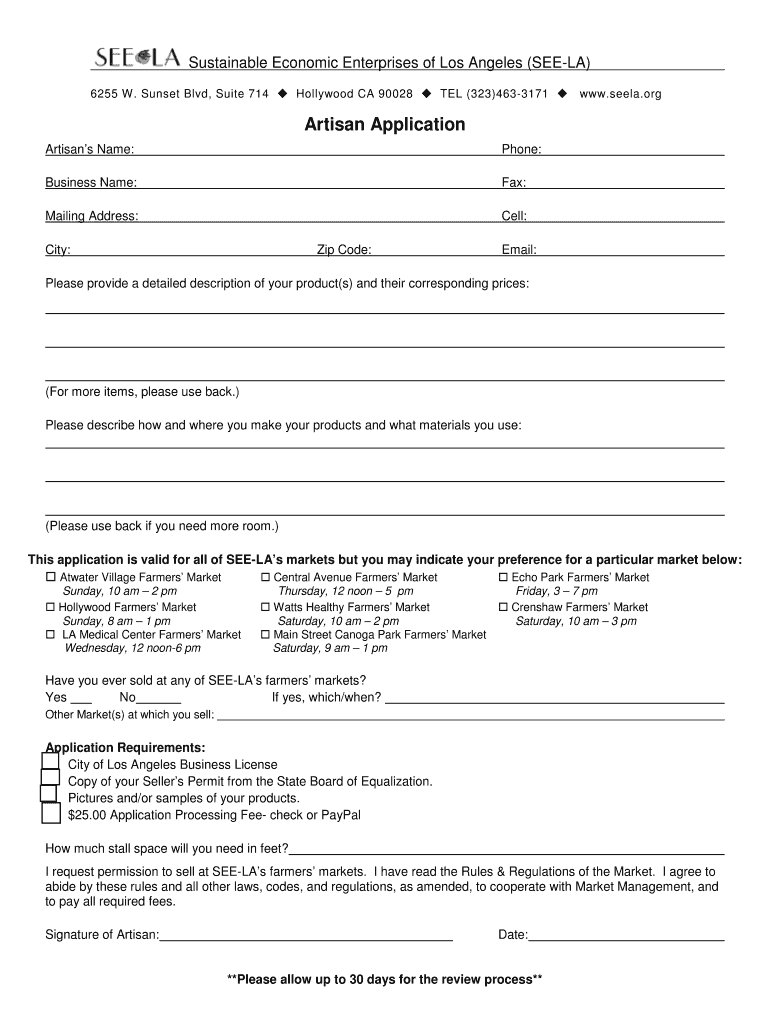 Fillable Online seela Artisan Application - SEE-LA Fax Email Print - pdfFiller