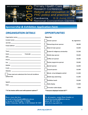 Fillable Online phcris org Sponsorship Exhibition Application Form ORGANISATION Fax Email Print ...