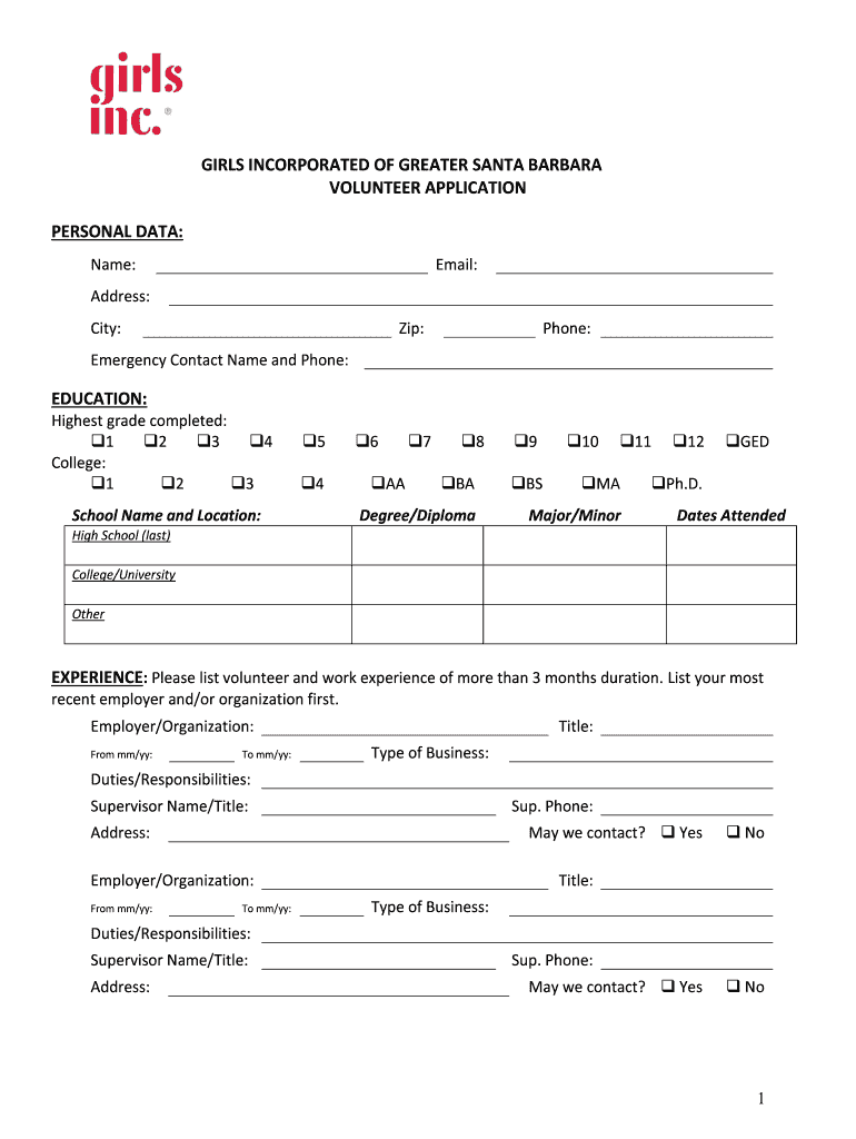 Fillable Online Volunteer Application - Girls Inc. of Greater Santa ...