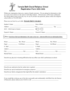 Fillable Online templebethdavid Registration Form - Temple Beth David ...
