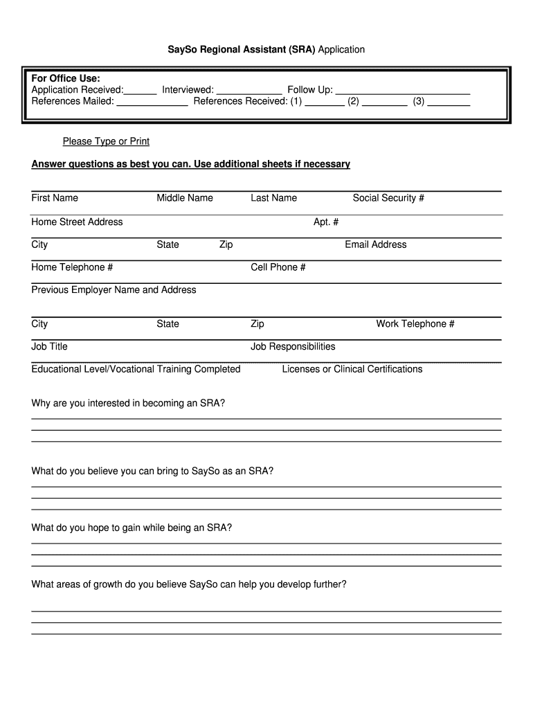 Fillable Online SaySo Regional Assistant SRA Application Fax Email ...
