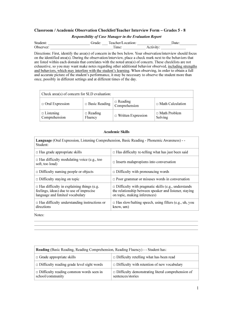 Fillable Online northlandsped Classroom Academic Observation ...