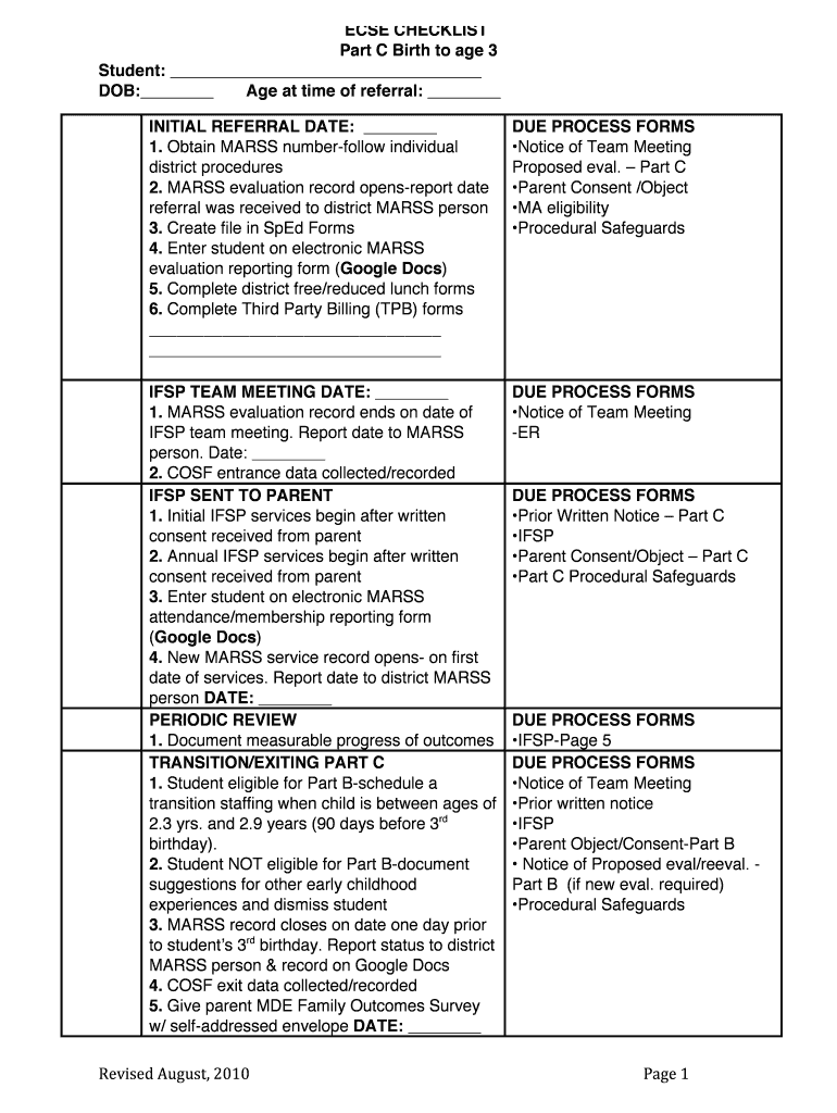 Fillable Online northlandsped ECSE CHECKLIST Part C Birth to age 3 ...