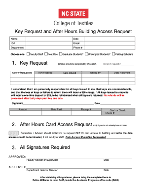 Fillable Online textiles ncsu Key Request and After Hours Card Access Request bFormb Fax Email ...