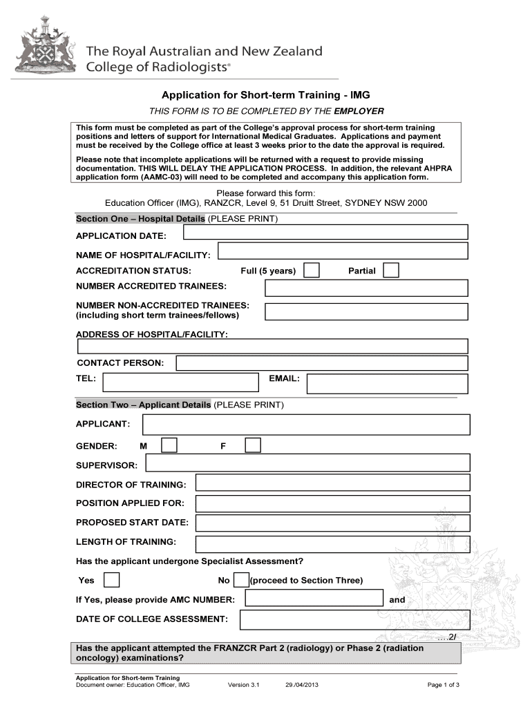 Fillable Online ranzcr edu Application for letter of support for short ...