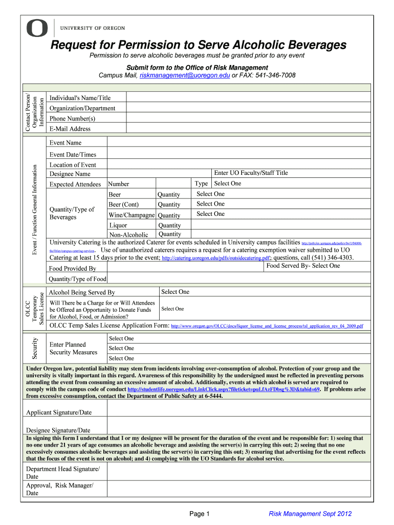 Fillable Online orm uoregon Request for Permission to Serve Alcoholic ...