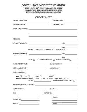 Fillable Online Order Sheet - Cornhusker Land Title Co. Fax Email Print ...