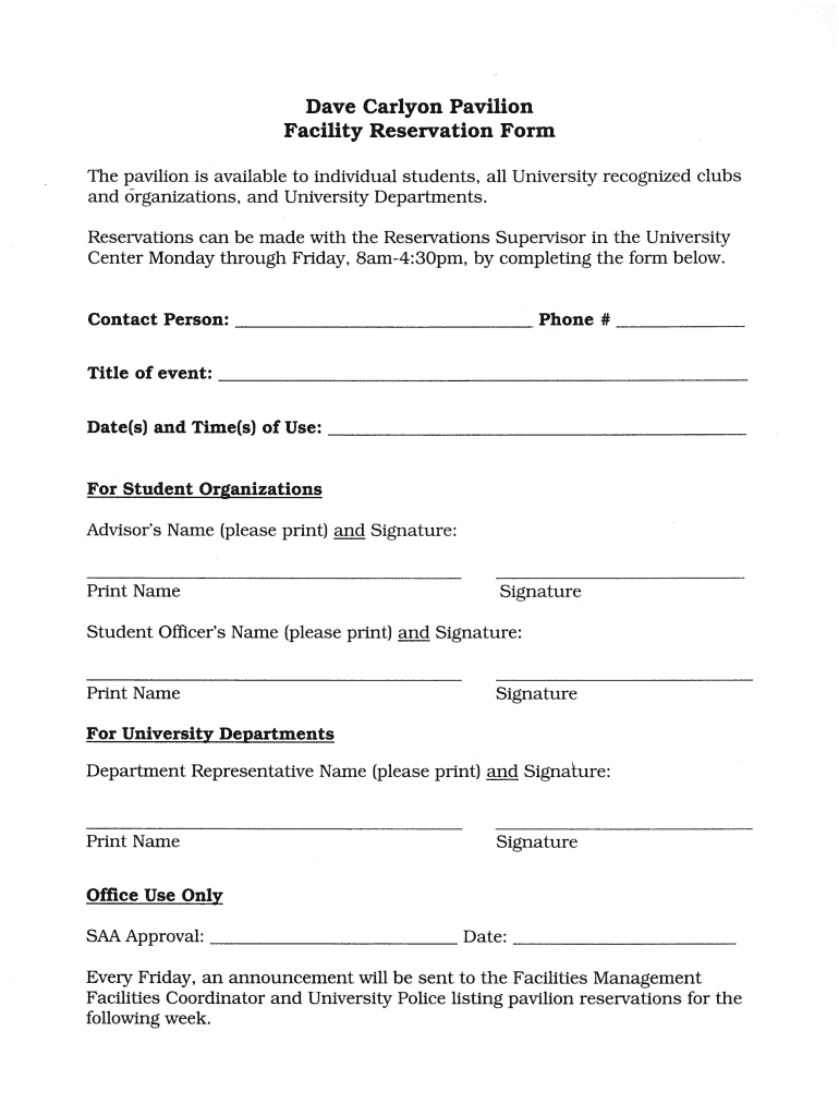 Fillable Online Dave Carlyon Pavilion Facility Reservation Form Fax ...