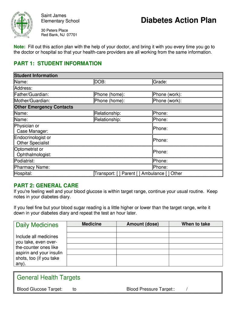 Fillable Online Saint James Elementary School Diabetes Action Plan 30 ...