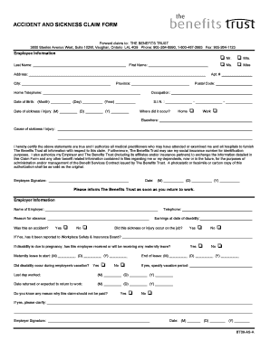 Fillable Online ACCIDENT AND SICKNESS CLAIM FORM - The Benefits Trust ...