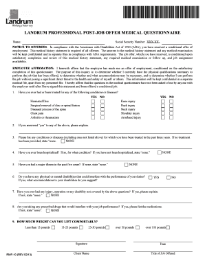 Fillable Online LANDRUM PROFESSIONAL POST-JOB OFFER MEDICAL ...