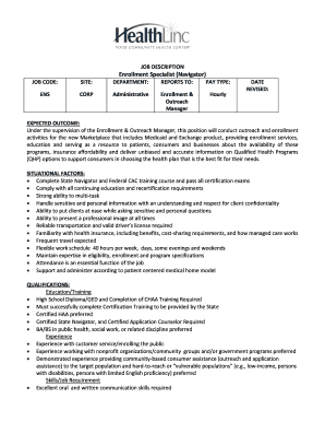 Fillable Online healthlincchc JOB DESCRIPTION Enrollment Specialist ...