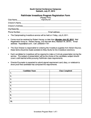 Fillable Online Pathfinder Investiture Program Registration Form ...