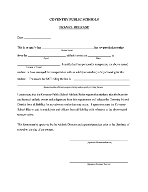 Fillable Online COVENTRY PUBLIC SCHOOLS TRAVEL RELEASE Fax Email Print ...