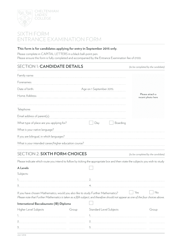 Fillable Online SIXTH FORM ENTRANCE EXAMINATION FORM Fax Email Print ...