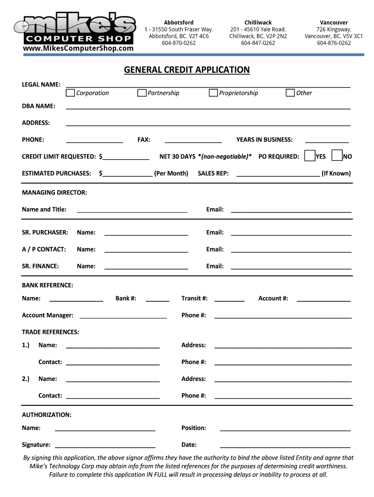 Fillable Online Bgeneral credit applicationb - Mike39s Computer Shop ...