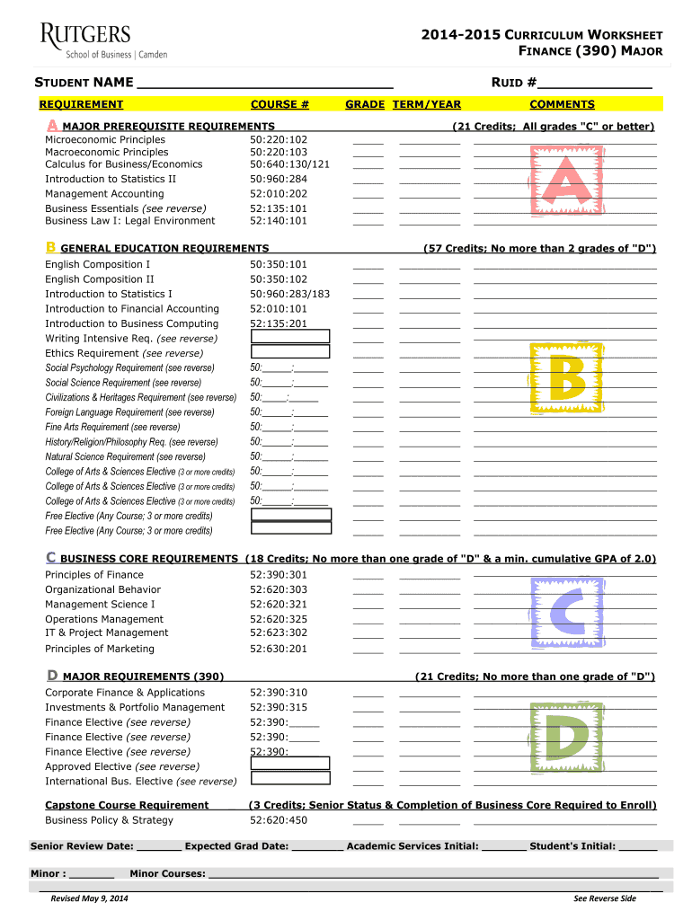Fillable Online business camden rutgers 2014-2015 curriculum worksheet ...