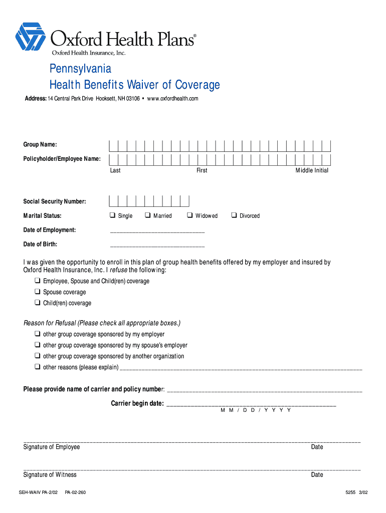 Fillable Online Health Benefits Waiver of Coverage Fax Email Print ...