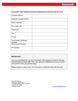 Fillable Online Honeywell Video Systems Advance Replacement Account Set ...