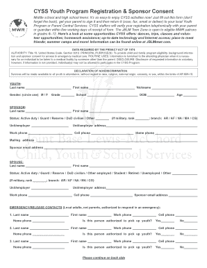 Fillable Online CYSS Youth Program Registration amp Sponsor Consent Fax ...
