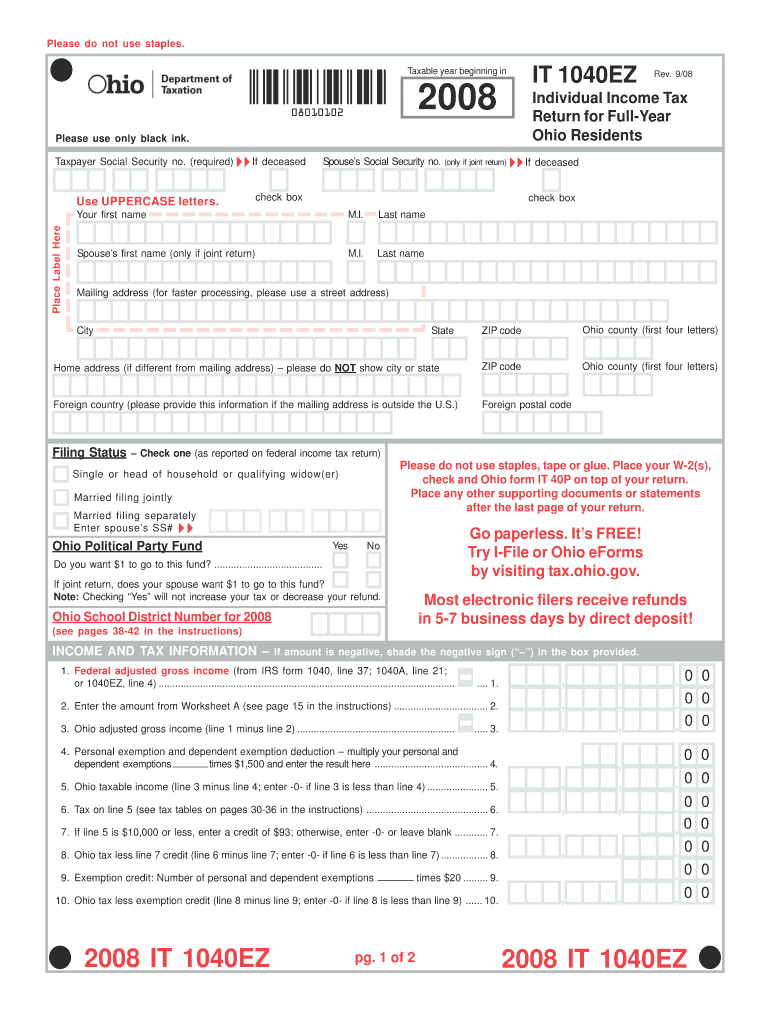 Fillable Online Individual Income Tax Return for Full-Year Ohio ...
