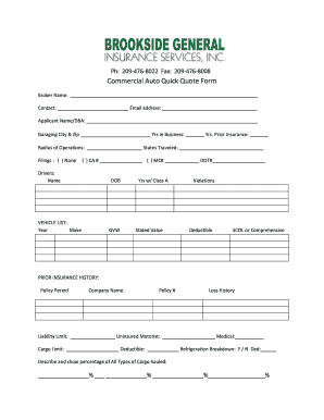 Fillable Online Commercial Auto Quick Quote Form - Brookside General ...