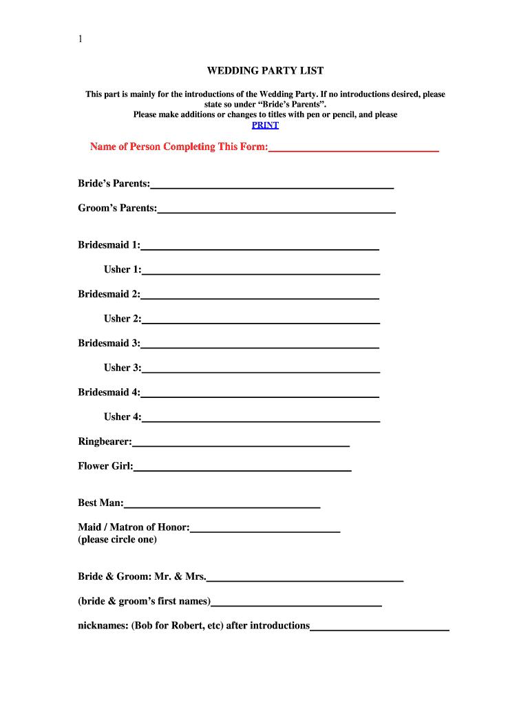 Fillable Online Wedding Party List and Reception Planning Fax Email ...
