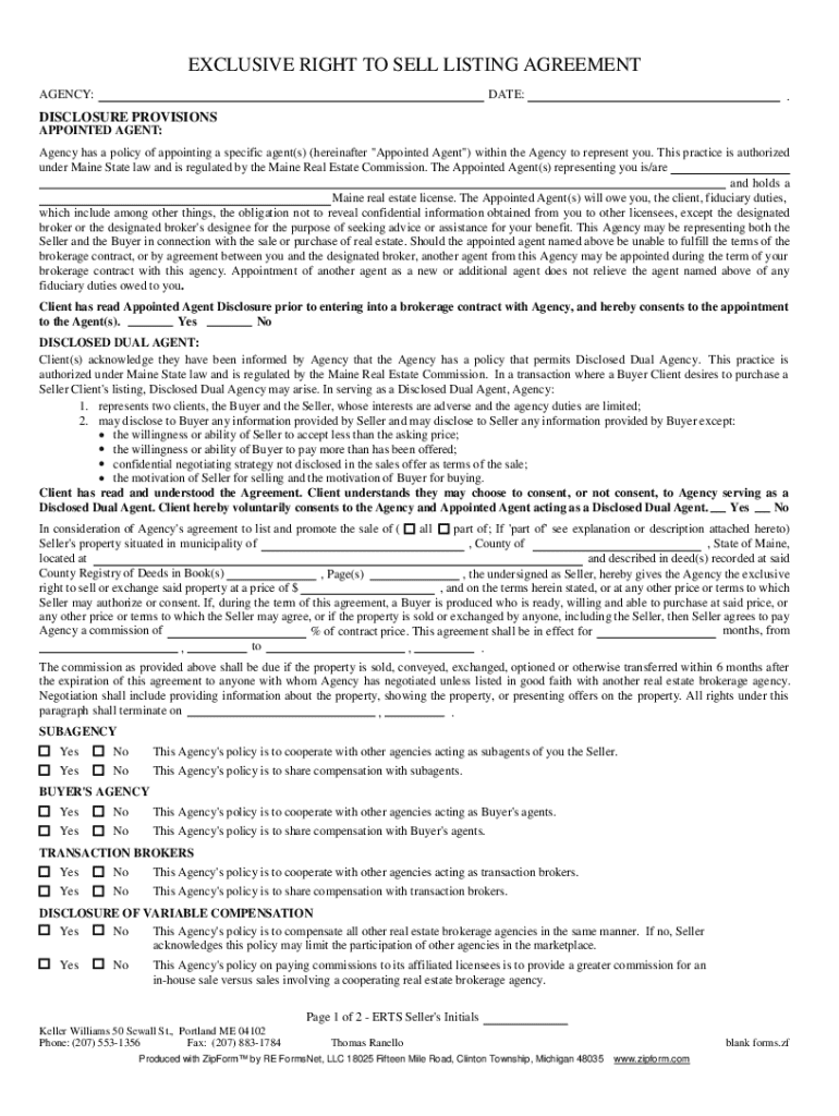Exclusive Right To Sell Agreement Template Fill Online Printable 
